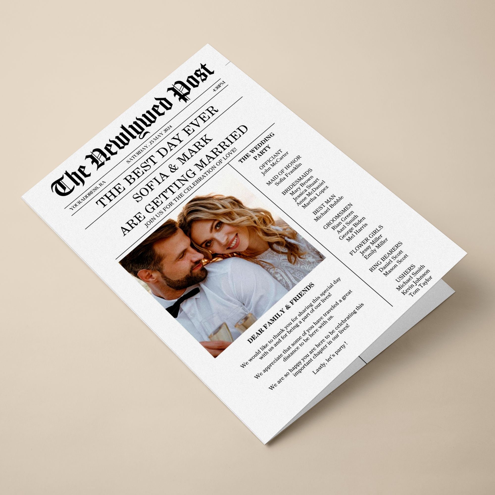 Plantilla de periódico de boda, Programa de boda de periódico editable ...