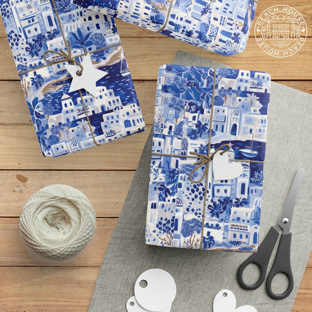 Santorini Wrapping Paper: Tropical Gift Wrap, Preppy Wrapping Paper ...