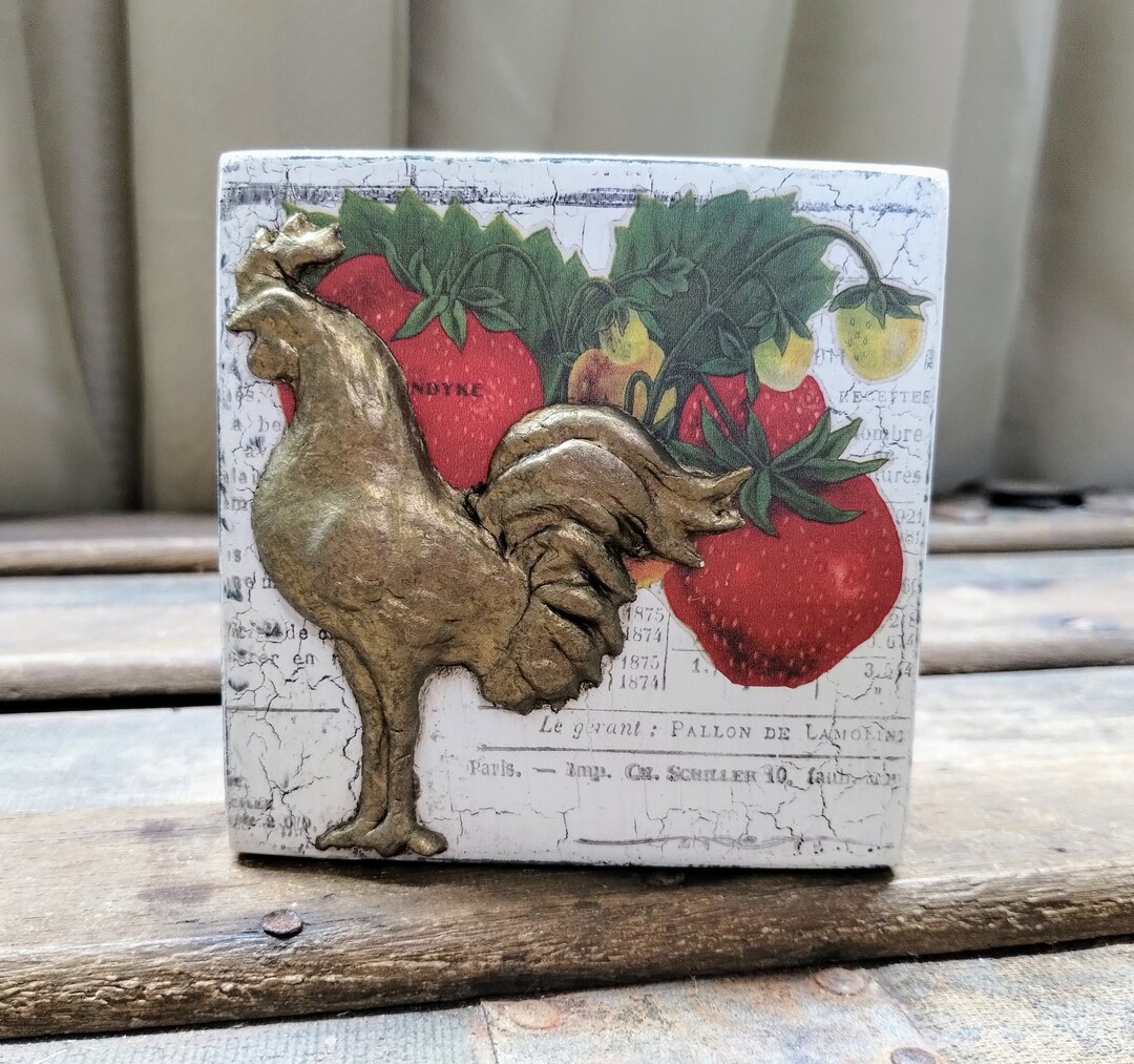 Handcrafted Clay Rooster and Strawberry Transfer on Reclaimed 2x4 Wood ...
