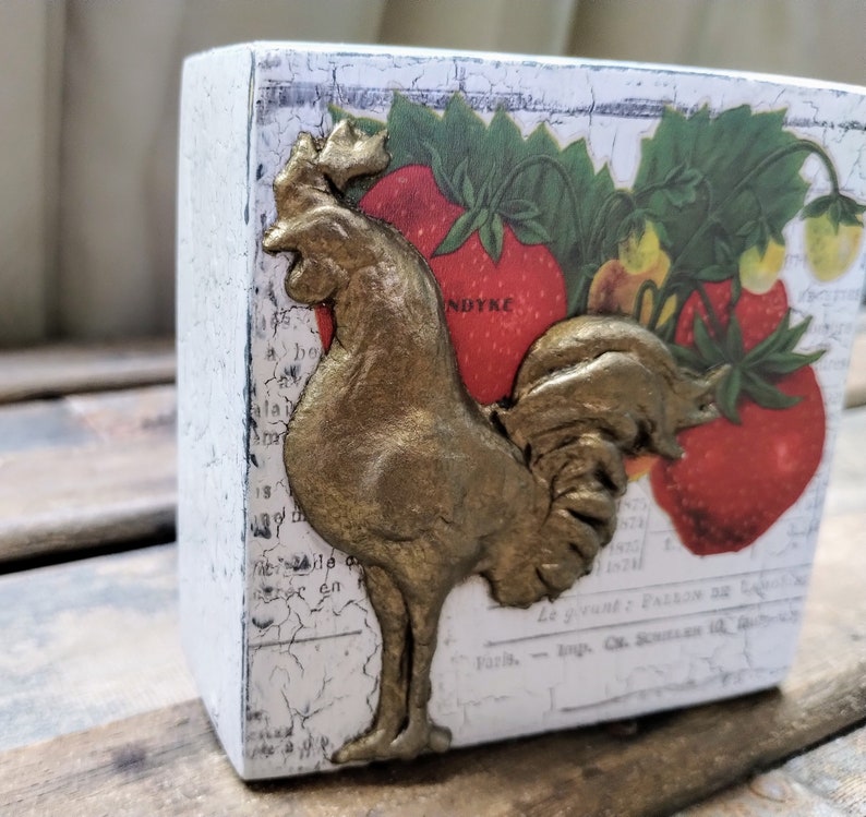 Handcrafted Clay Rooster and Strawberry Transfer on Reclaimed 2x4 Wood ...