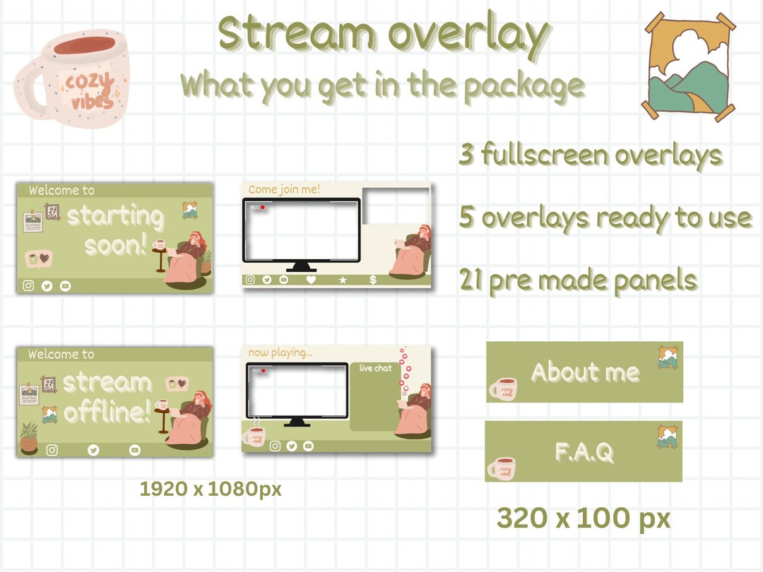 Cute Cozy Stream Overlay Pack Green Soft Theme Flower Cozy Theme ...