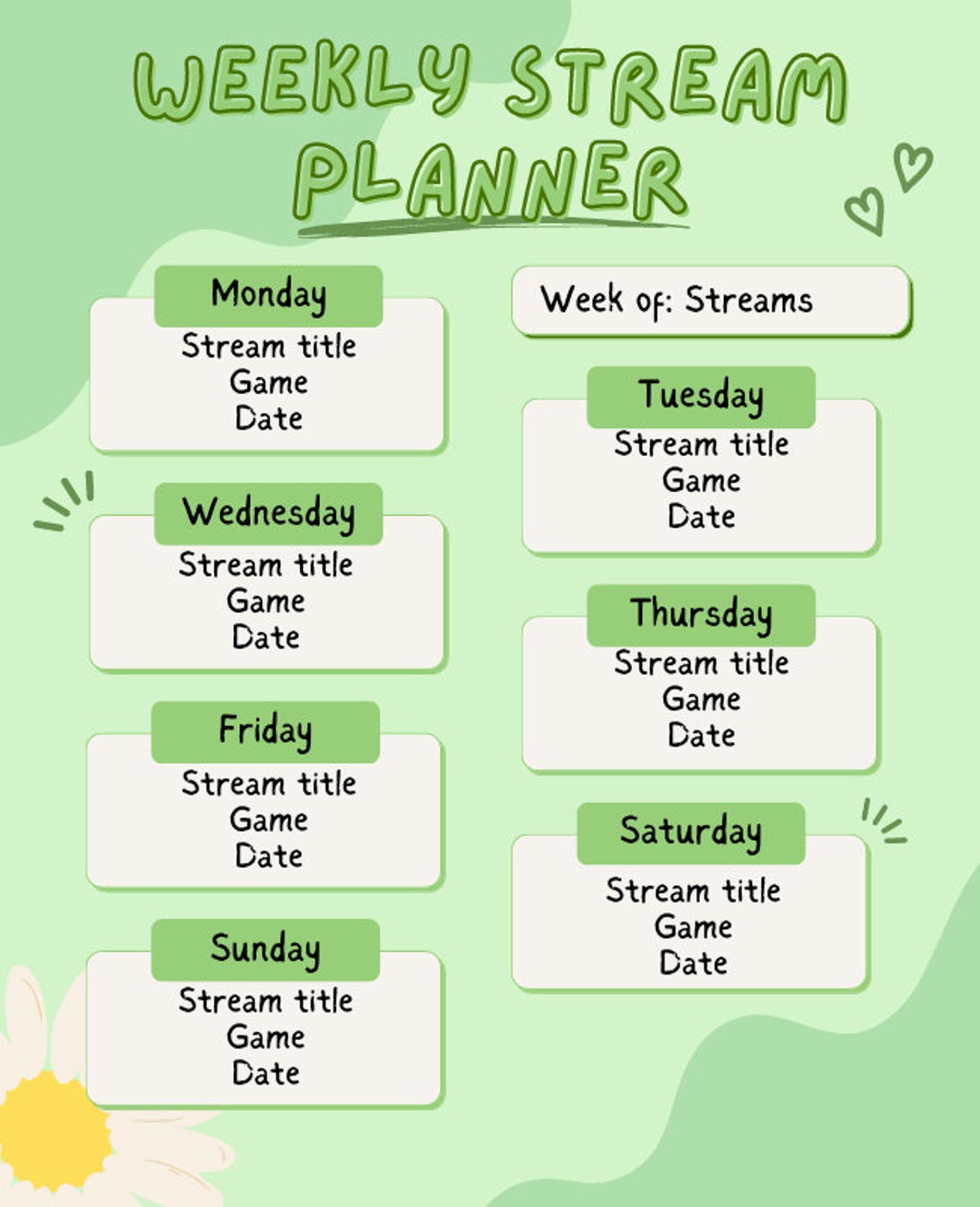 Stream Planner for Twitch Streamers Green Themed Weekly Planner PDF - Etsy