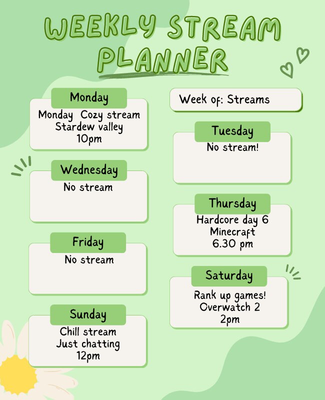 Stream Planner for Twitch Streamers Green Themed Weekly Planner PDF - Etsy