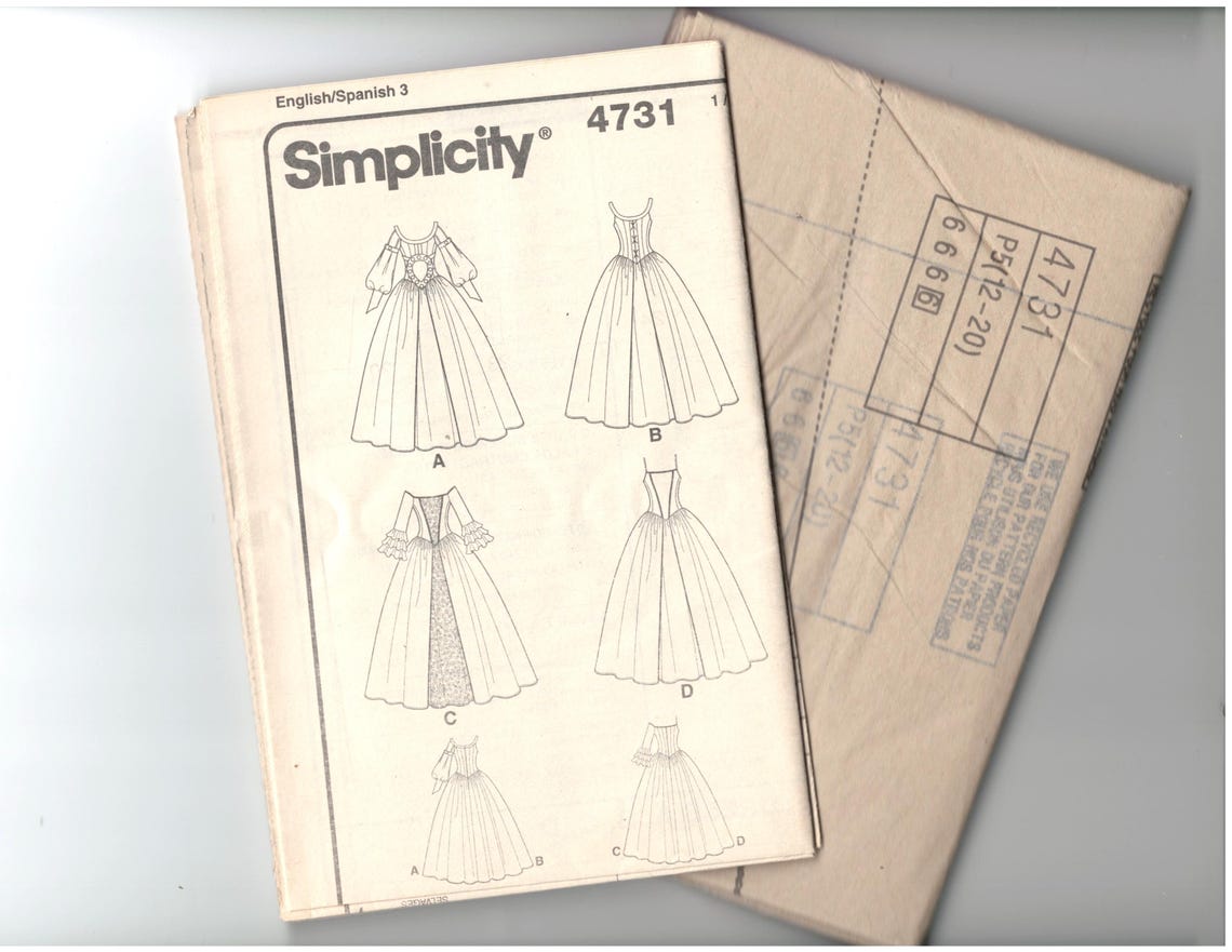 Simplicity 4731 Womens Renaissance Dress Size 12 14 16 18 20 Bust 34 36 ...