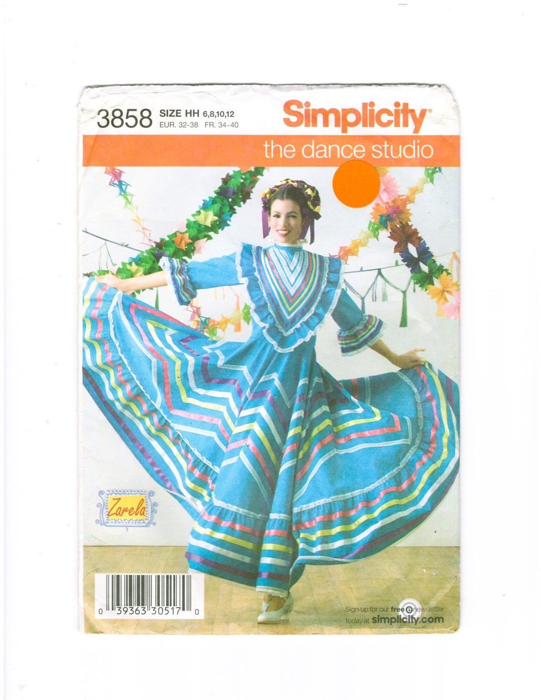 Simplicity 3858 Mexican Folk Dance Dress Size 6 8 10 12 Bust 30.5 31.5 ...