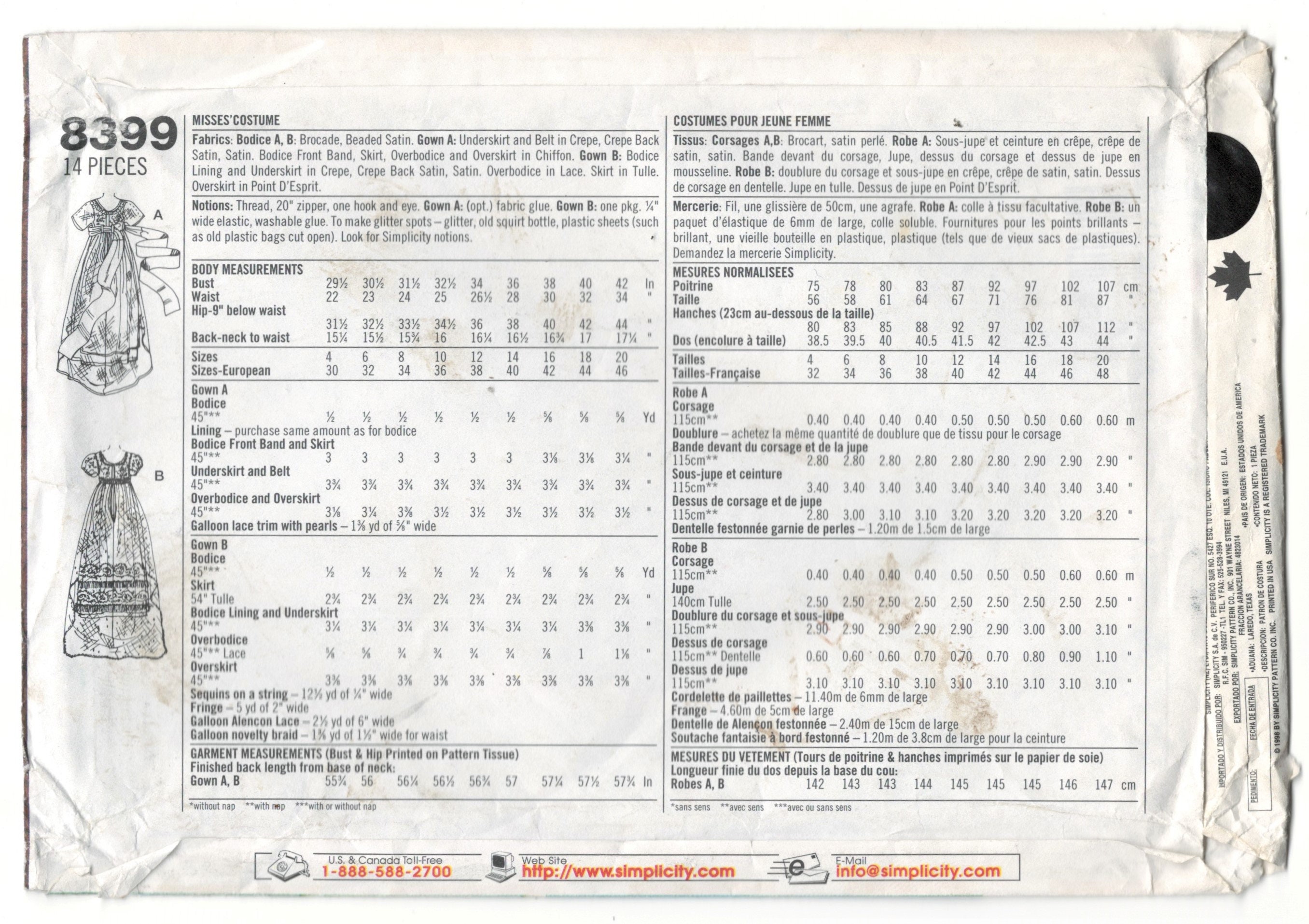 Simplicity 8399 Misses Titanic Costume Size 10 12 14 Bust 32.5 34 36 ...