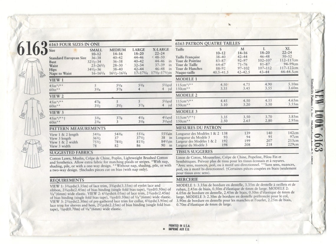 Vintage New Look 6163 Women's Nightgown Size S M L XL Bust 32.5 34 36 ...