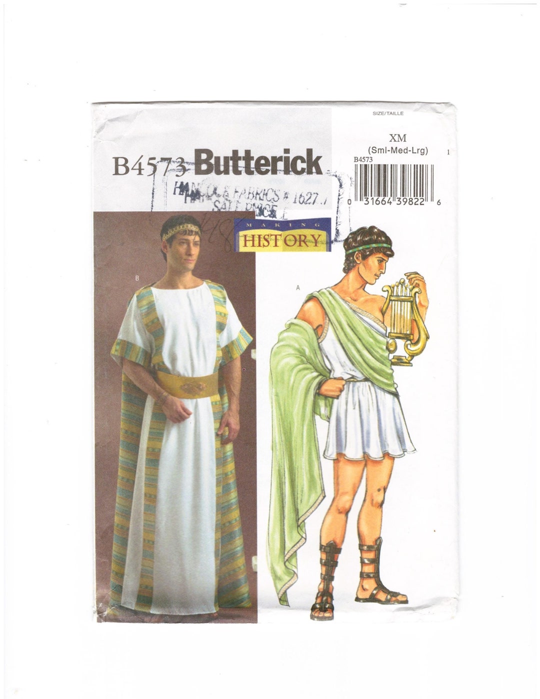 Butterick 4573 Men's Toga Costume Size S, M, L Chest 34-36, 38-40, 42 ...