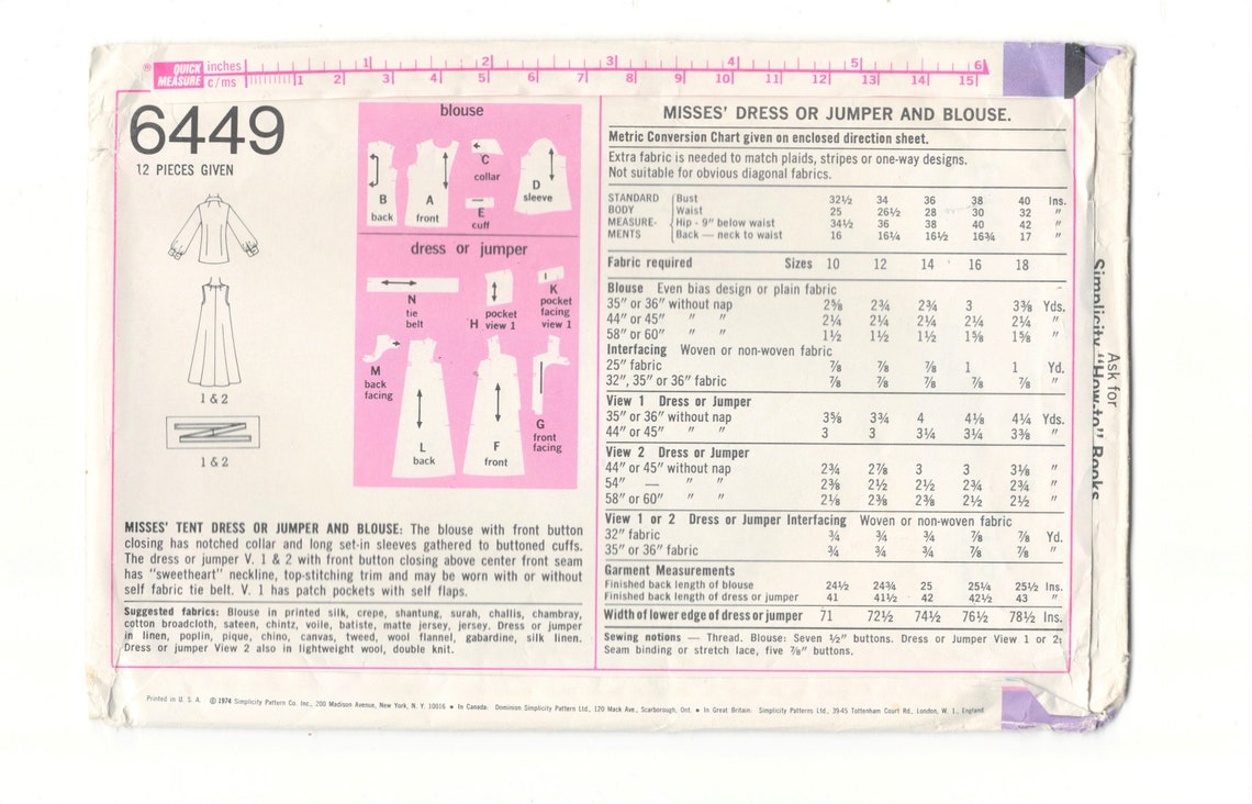 Simplicity 6449 Misses' Tent Dress, Jumper & Blouse Size 14 Bust 36 ...