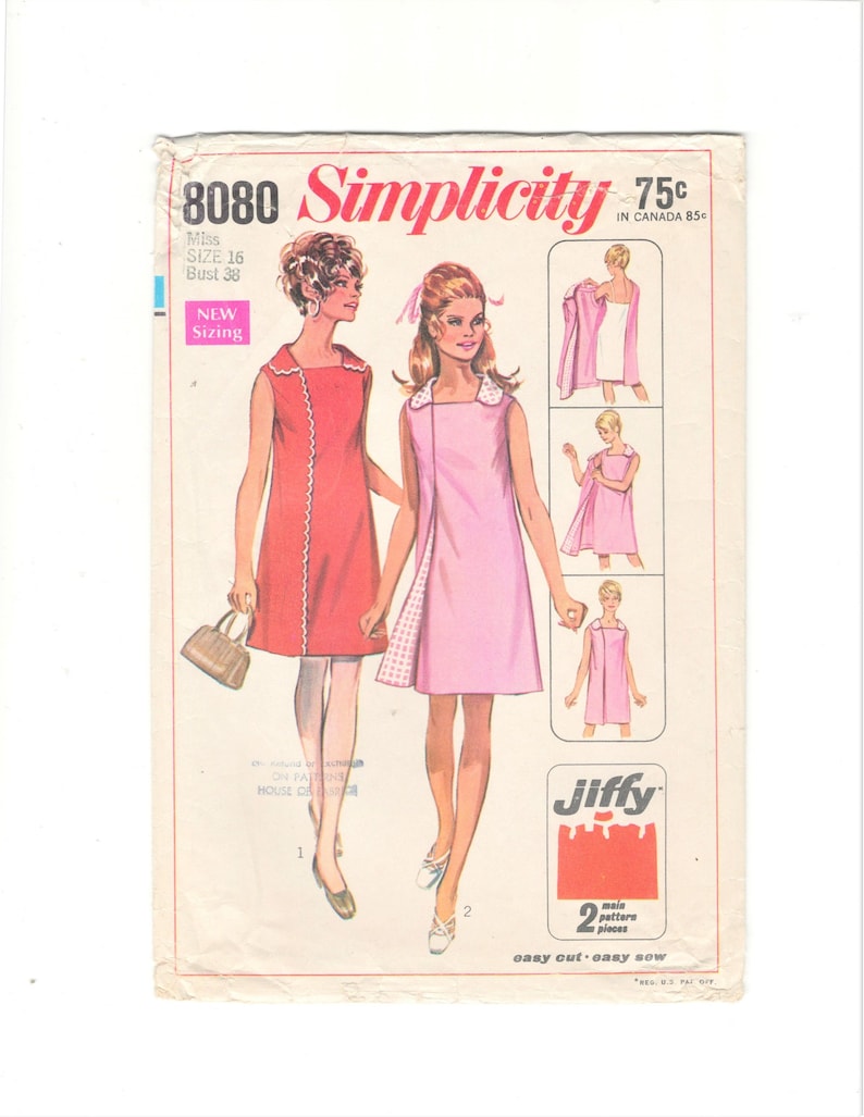 1960s Simplicity 8080 Misses Wrap Dress Size 16 Bust 38 Three Armhole Easy Jiffy Front Wrap ...