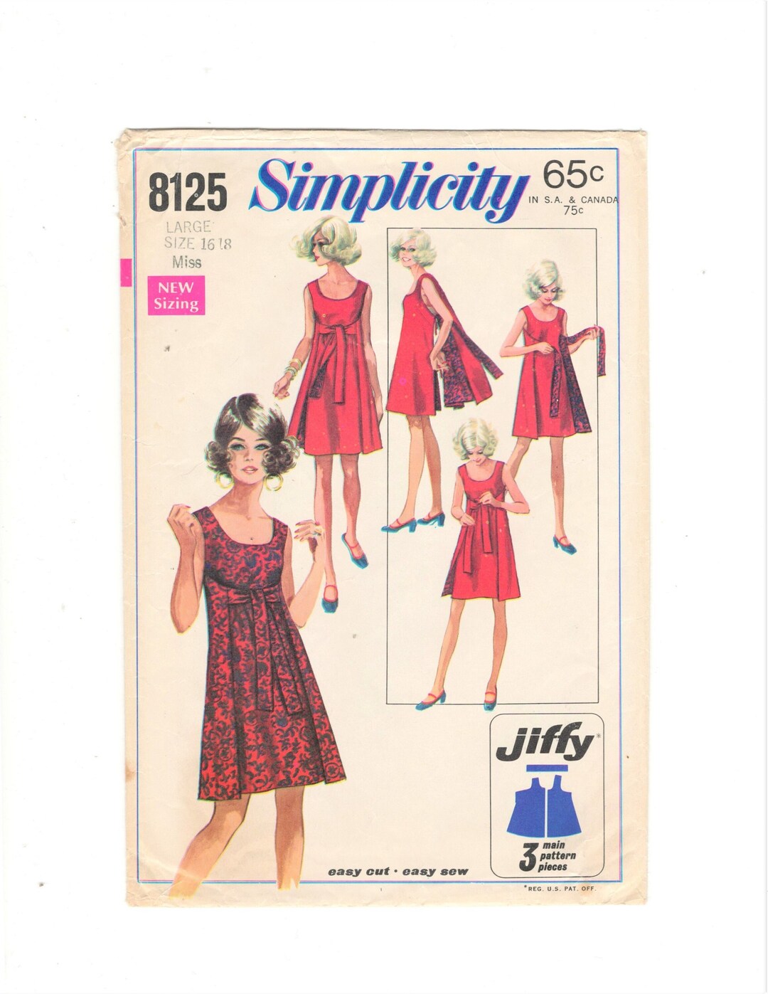 1960s Simplicity 8125 Womens Reversible Wrap Dress Size L 16 18 Bust 38 ...