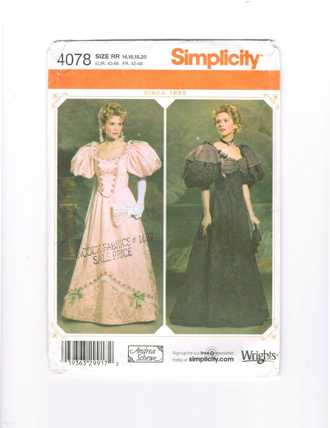 Simplicity 4078 Women's Victorian Costume Size 14 16 18 20 Bust 36 38 ...