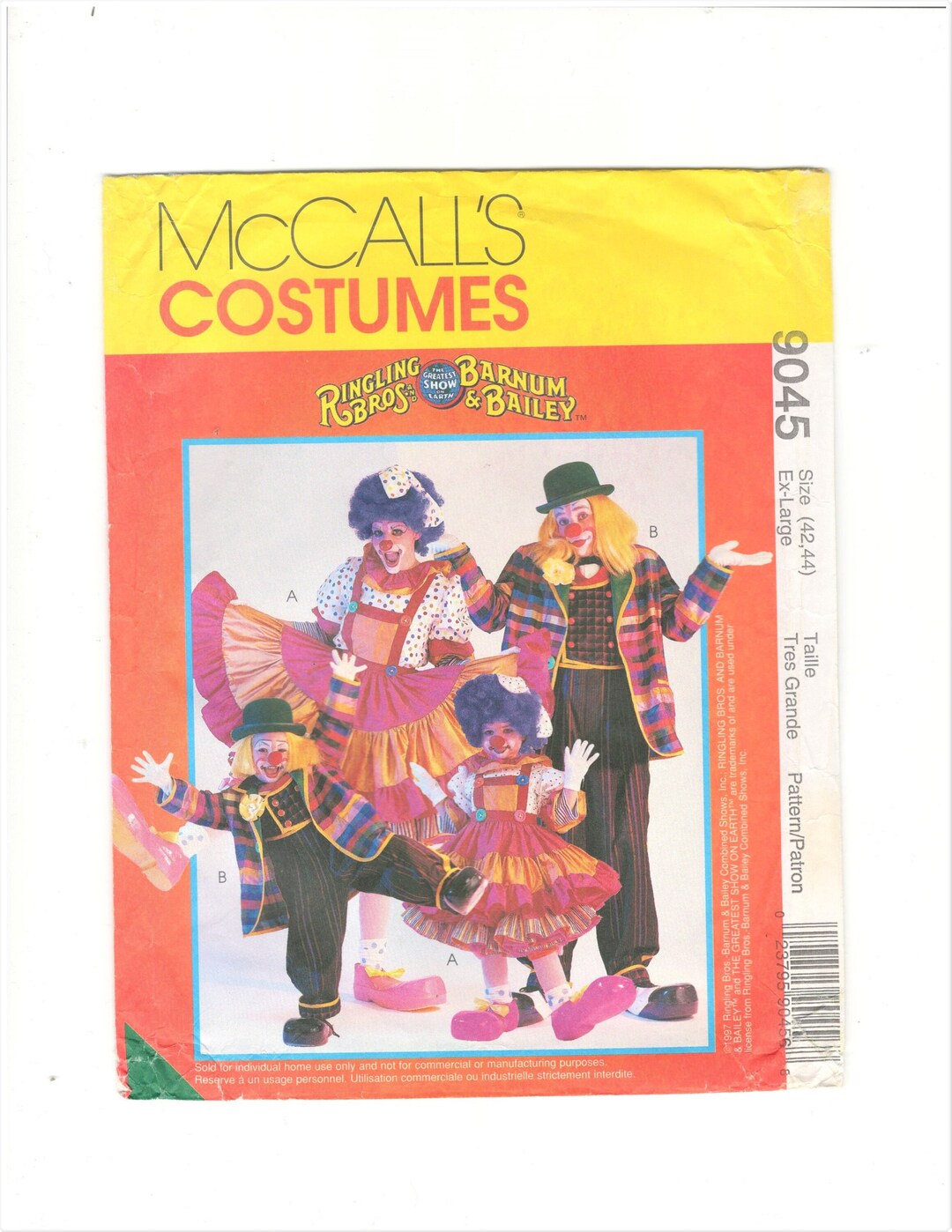 Mccall's 9045 Adult CLOWN Costume Women's/men's Plus Size XL Bust/chest ...