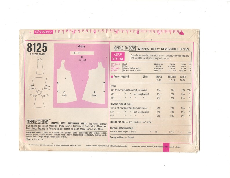 1960s Simplicity 8125 Womens Reversible Wrap Dress Size L 16 18 Bust 38 40 Empire High Waist ...