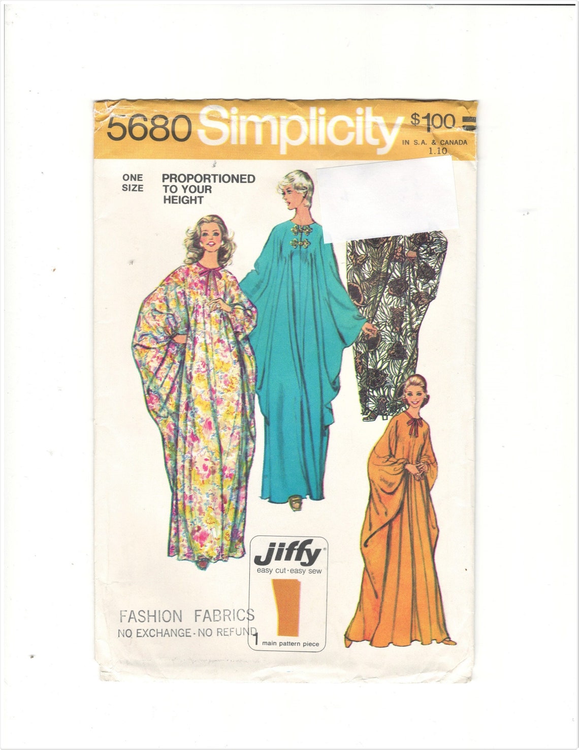 ORIGINAL 1970s Simplicity 5680 Misses' Caftan Flowy Maxi Dress One Size ...