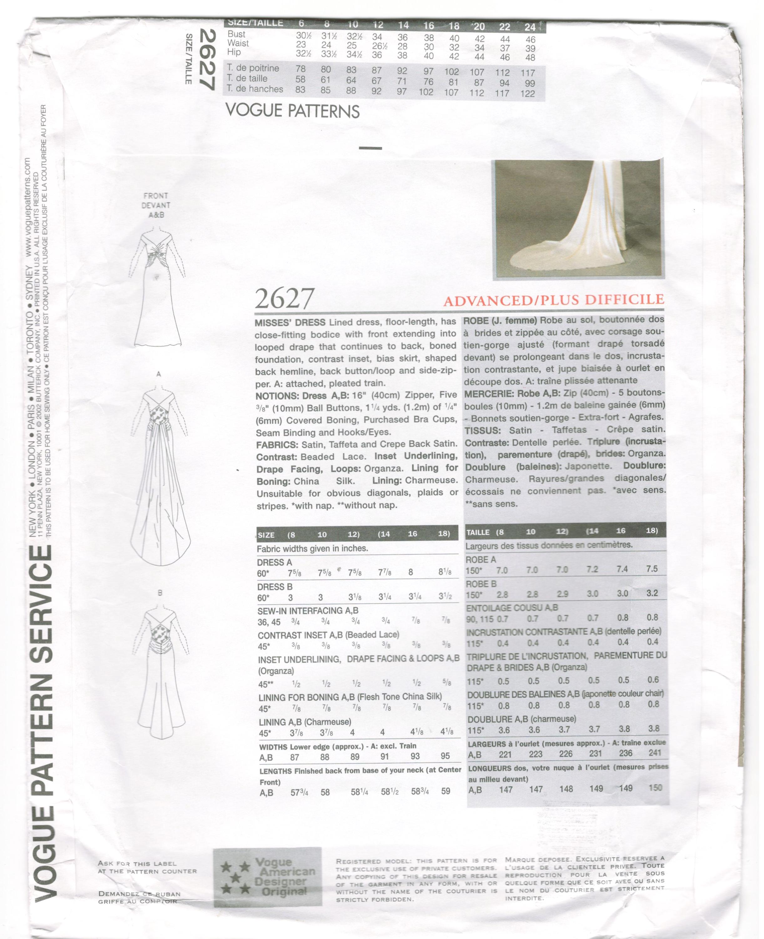 Vogue 2627 Wedding Dress Misses Size 8 10 12 Bust 31.5 32.5 34 Attached ...