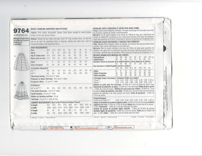 Simplicity 9764 Women's Crinoline Hoopskirt Petticoat Size 14 16 18 20 ...