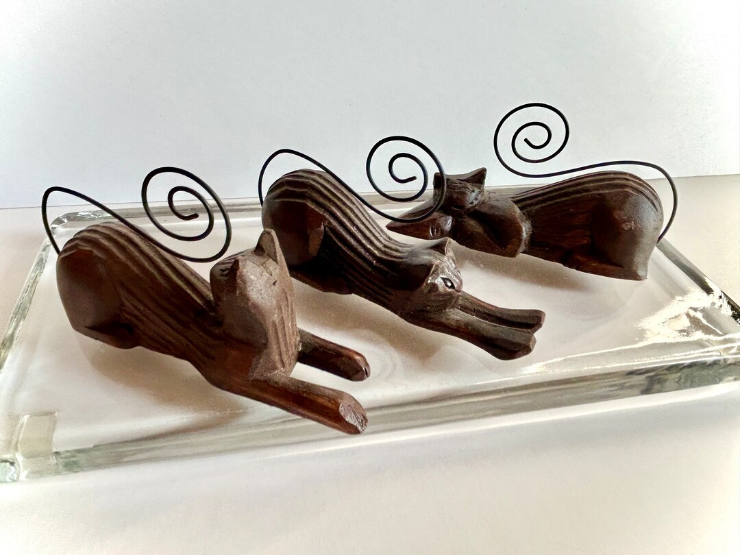 3 Wood Hand-carved Cats With Wire Tails - Etsy