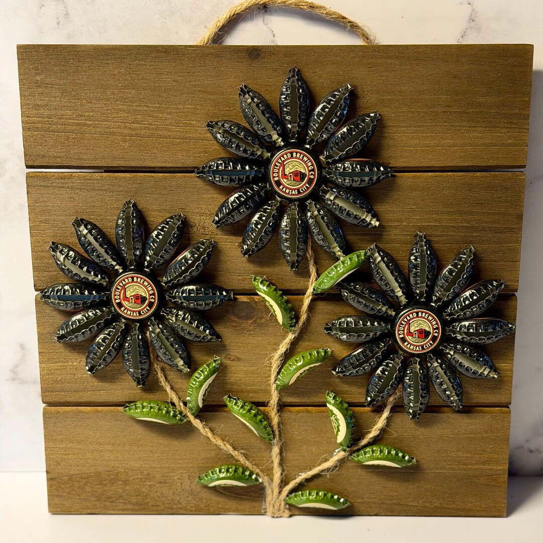 Handmade Upcycled Beer Bottle Cap Flower Art on Wood Board - Etsy