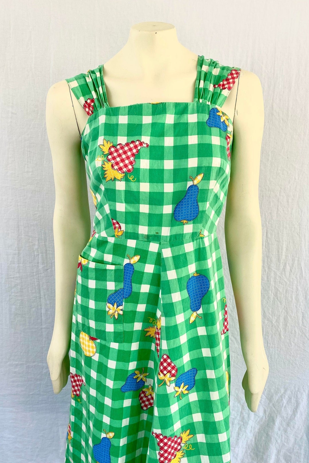 Vintage 1940s Hand Made Green Checkered Sundress - Red, Blue, Yellow ...