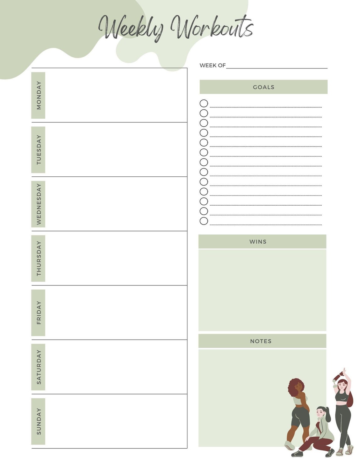 Weekly Workout Tracker Template, Green, Minimalist, Instant Download ...
