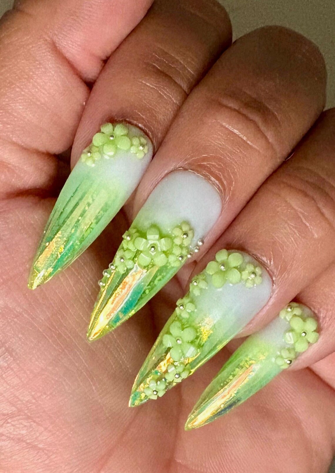 Neon Green and White Ombre Nails With 3d Flowers and Holographic ...