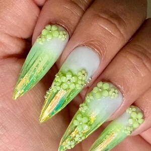Neon Green and White Ombre Nails With 3d Flowers and Holographic ...
