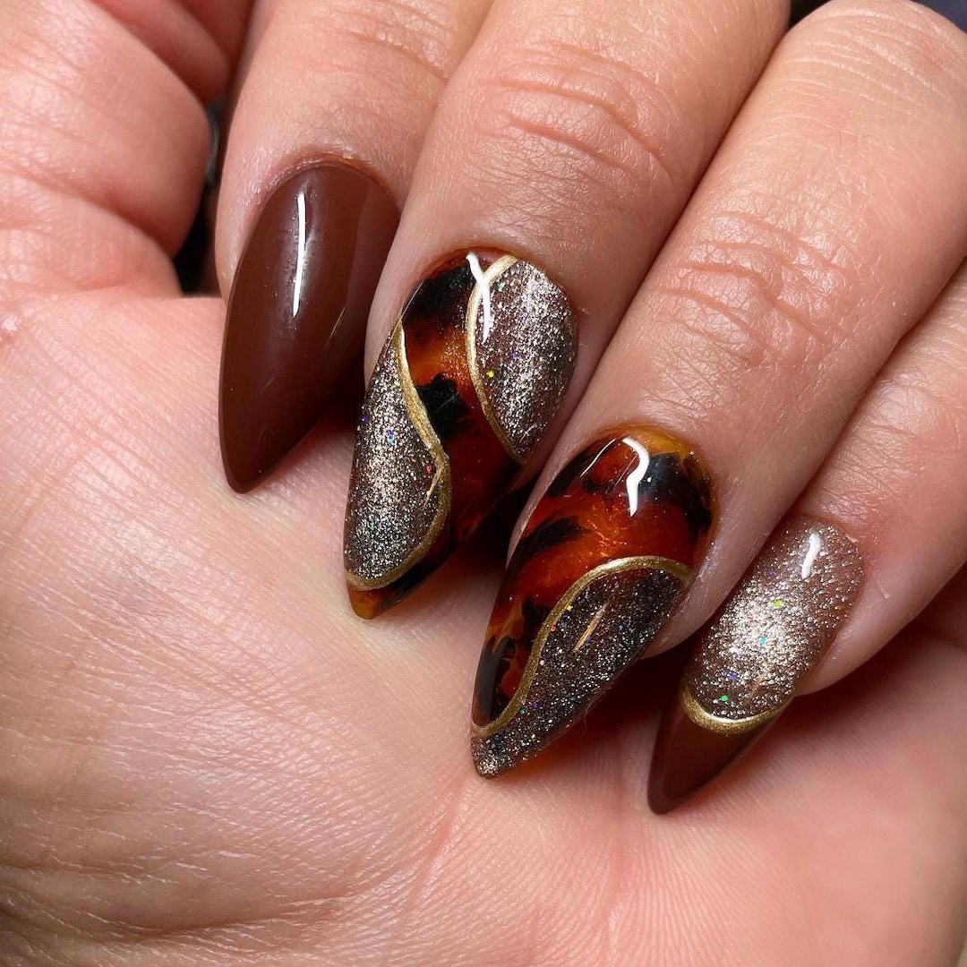 Tortoise Shell Press on Nails: Brown Gold Cat Eye Stiletto - Etsy