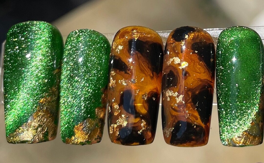 Green Cat Eye Tortoise Shell Press on Nails With Gold - Etsy