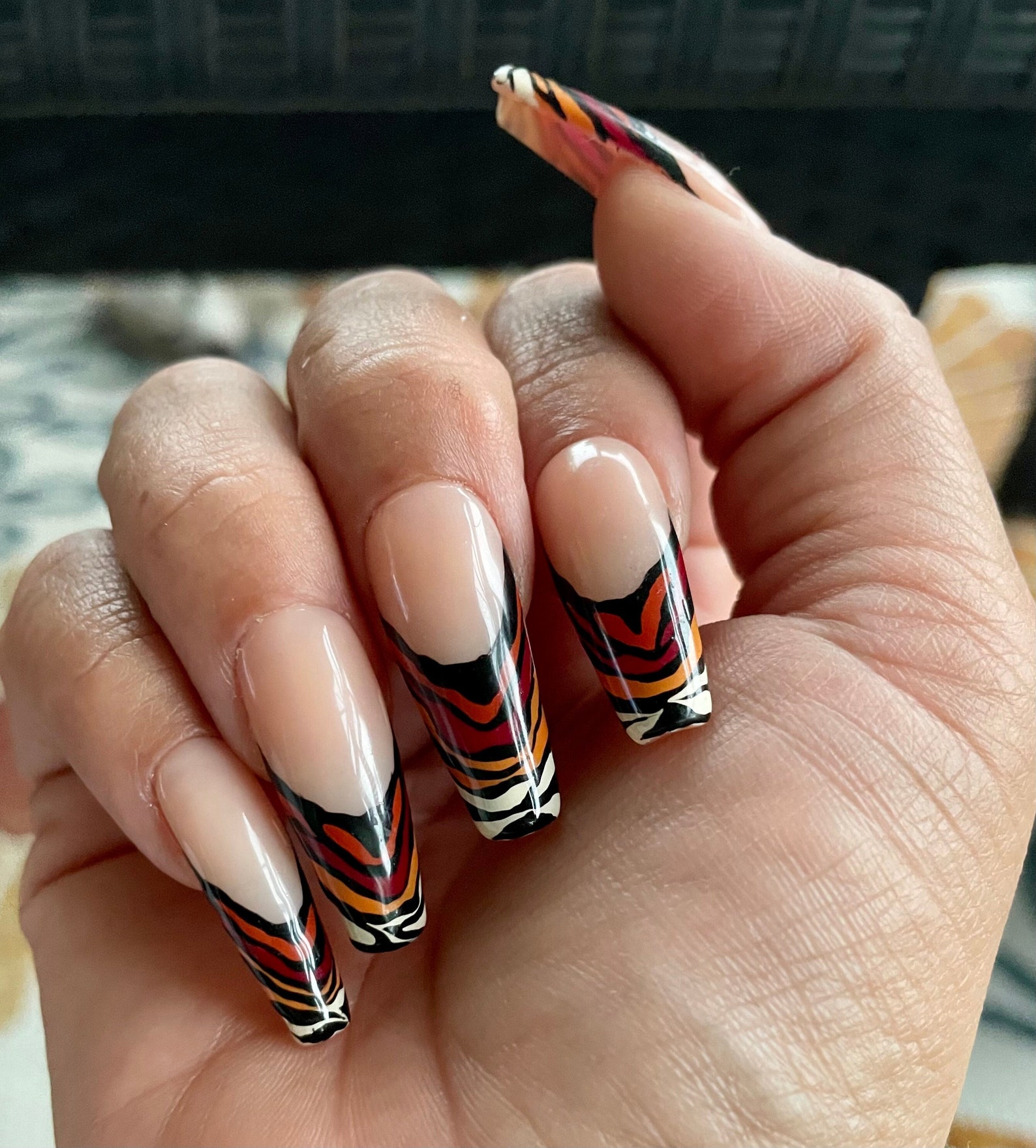 Zebra French Tip Press on Nails With Fall Colors. Long Coffin in Pic ...