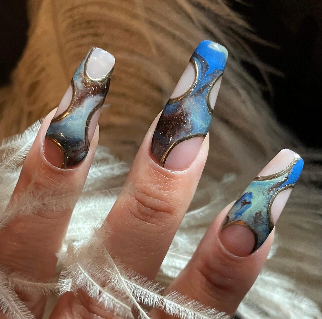Marbled Abstract Press on Nails: Blue, Green, Brown, Gold Chrome - Etsy
