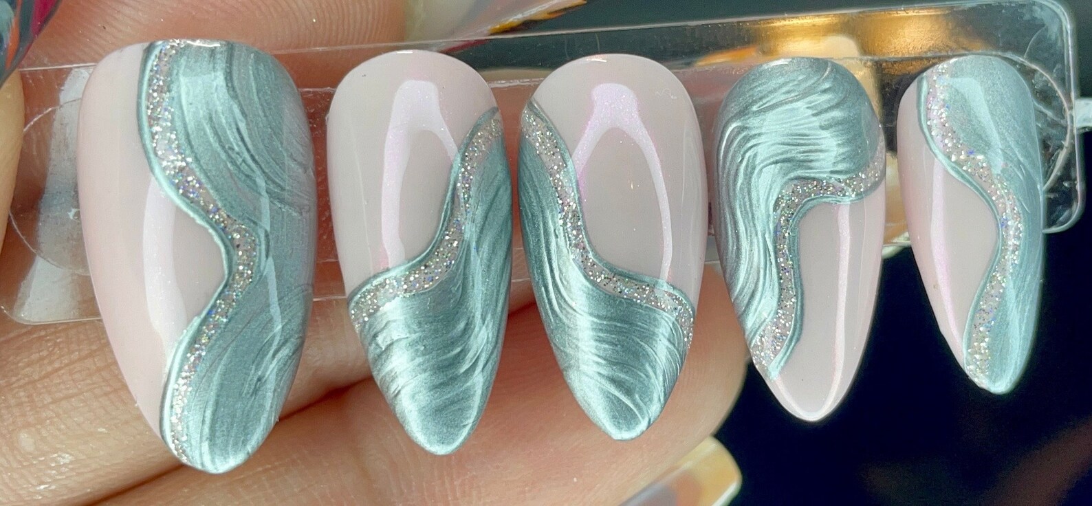 Silver and Pink Chrome Press on Nails With Glitter Abstract Design ...