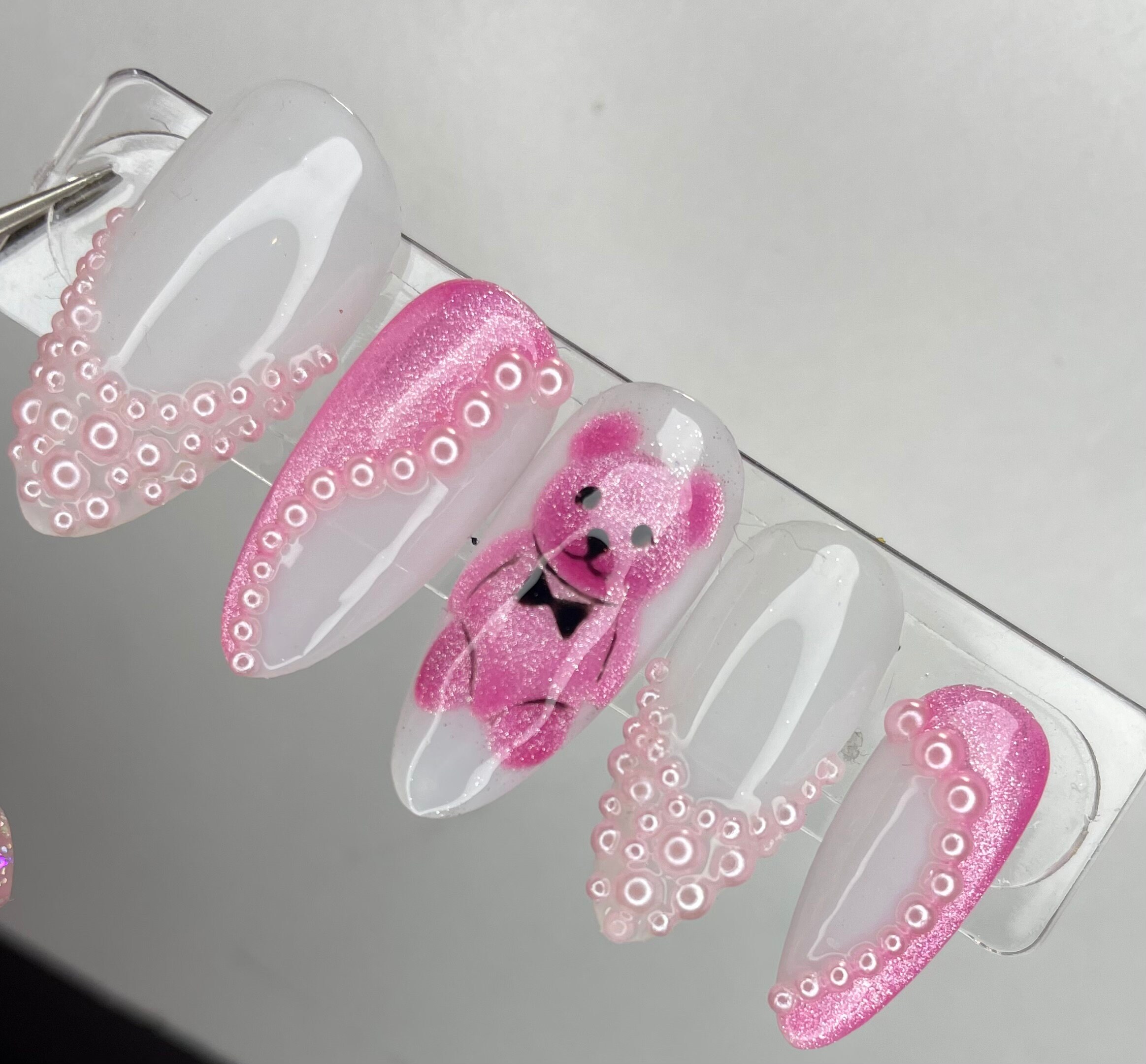 Pink and White Press on Nails With Pearls Cat Eye Polish and Teddy Bear ...
