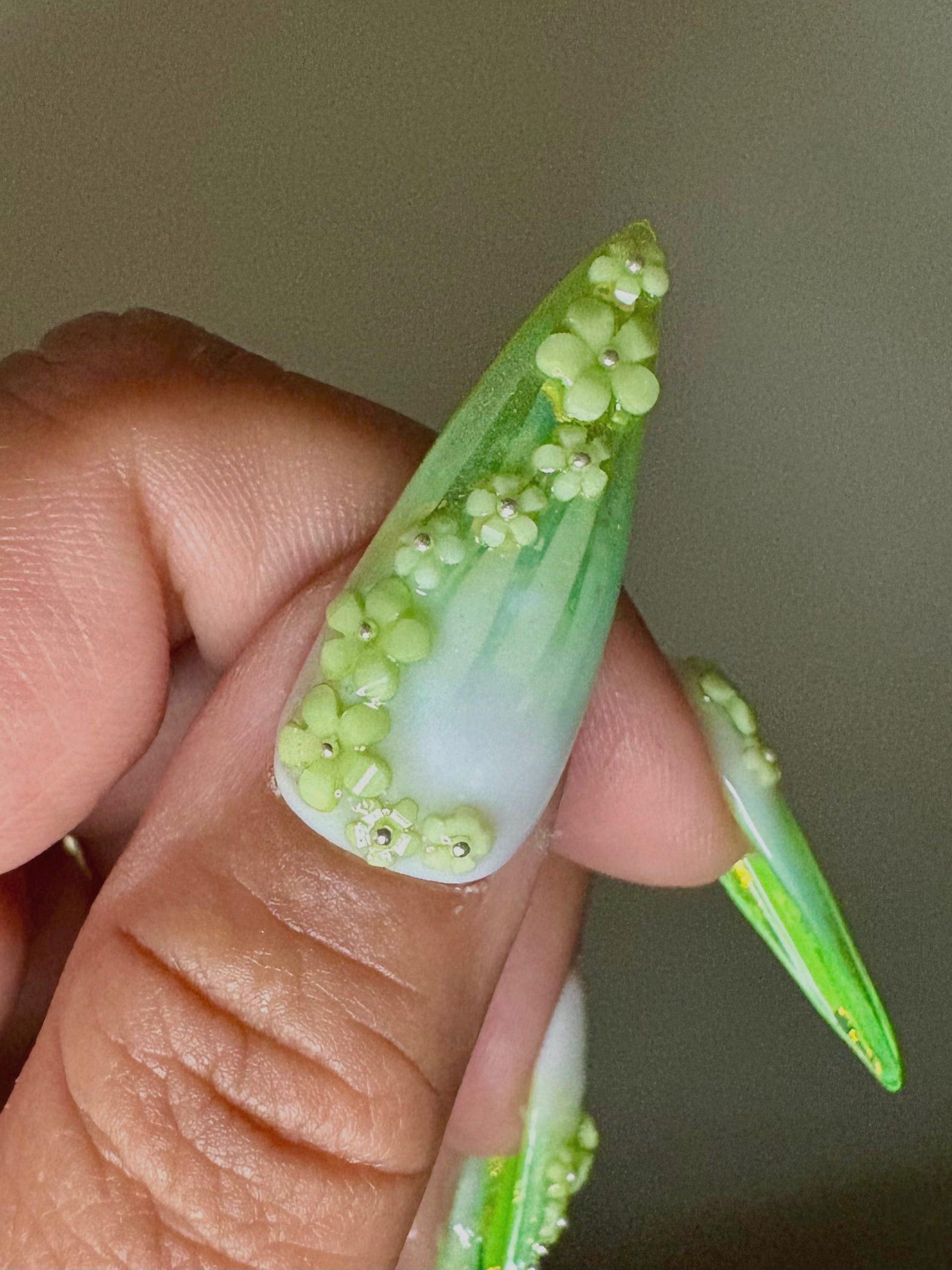 Neon Green and White Ombre Nails With 3d Flowers and Holographic ...