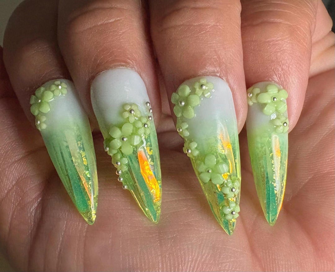 Neon Green and White Ombre Nails With 3d Flowers and Holographic ...