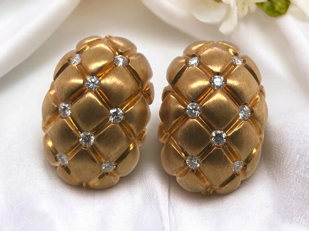 18k Yellow Gold Retro Era Pineapple Diamond Earrings - Etsy