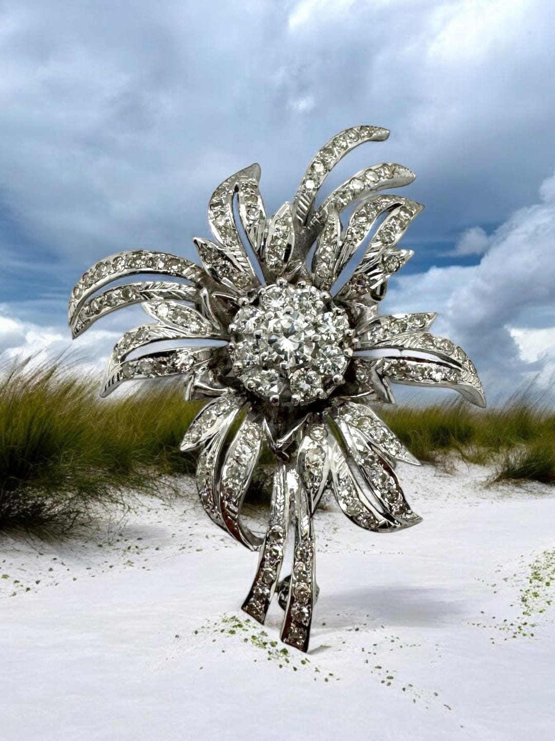 Retro Era Palm Tree Diamond Brooch 18k White Gold - Etsy