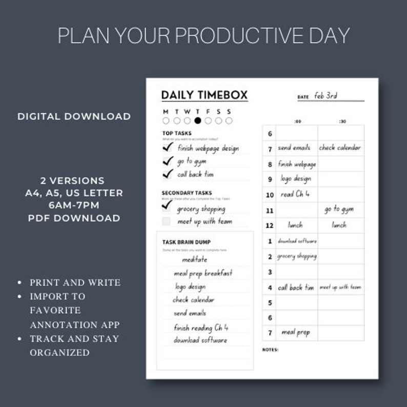 Daily Timebox Planner, Printable Pdfs, Annotation App Friendly Pdfs ...