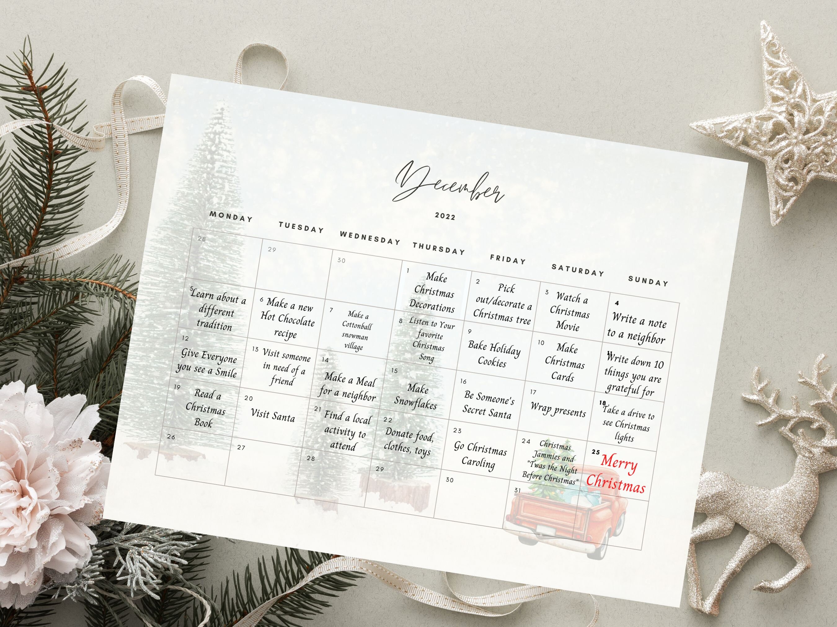 Printable Christmas Advent Calendar, Digital Download Advent Calendar ...