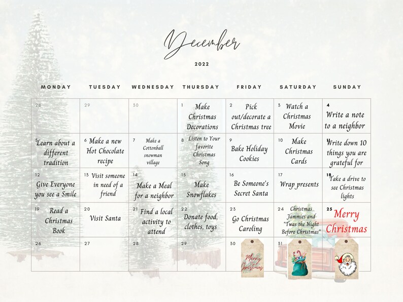 Printable Christmas Advent Calendar, Digital Download Advent Calendar ...