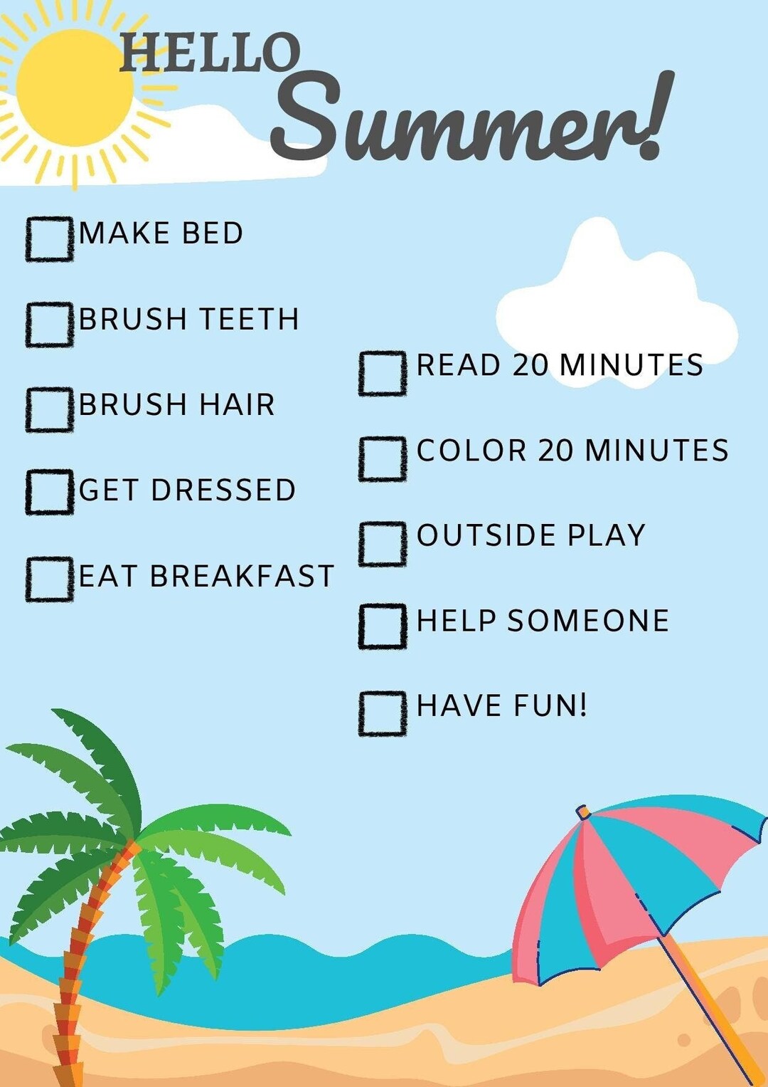 HELLO SUMMER Checklist Elementary Kiddos Summer to Do - Etsy