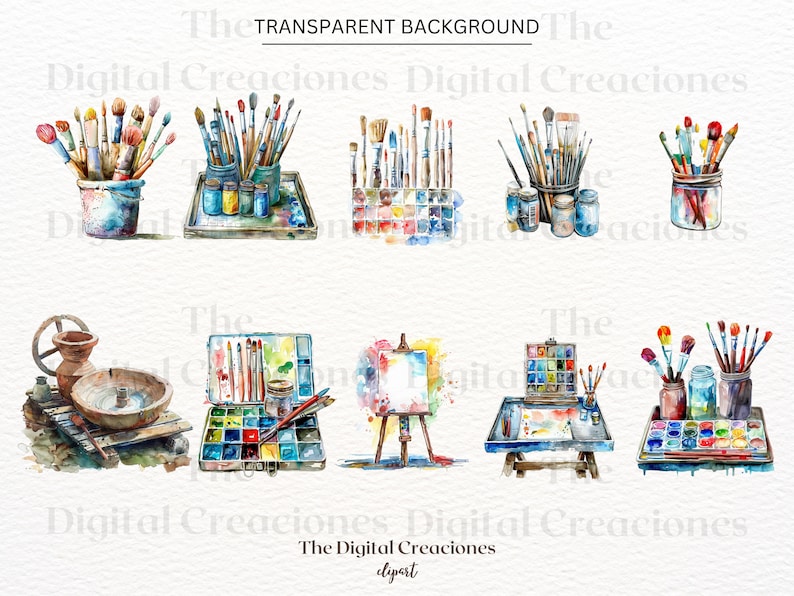 Watercolor Art Supplies Clipart | Painter Graphics (digital Download ...