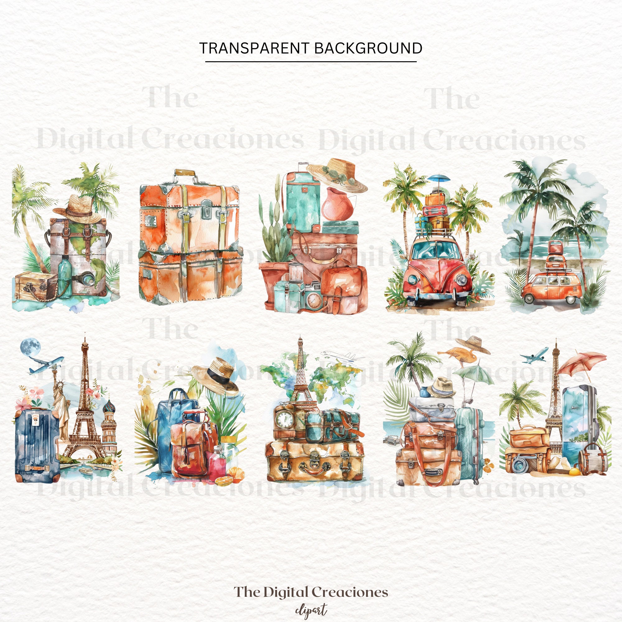 40 Watercolor Travel Clipart Vacation Holiday Graphicssuitcase Luggage ...