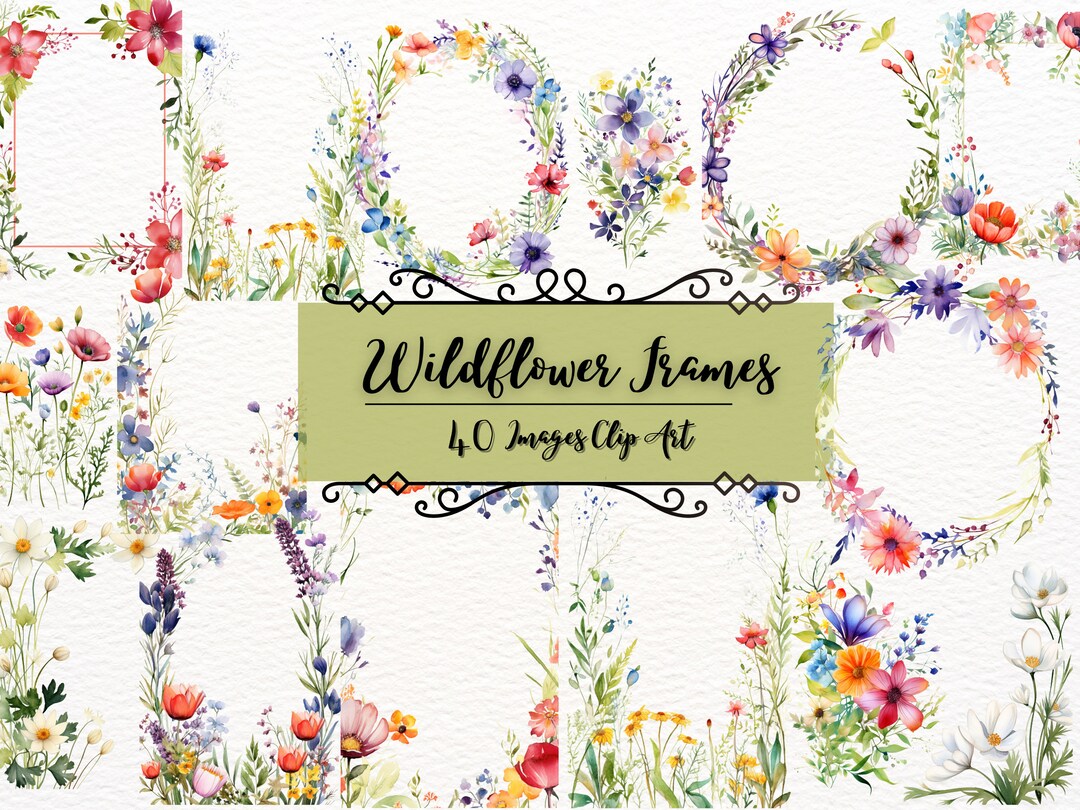 Wildflowers Frames Clipart|40 PNG Wildflowers Frames Wreaths|bouquets Borders Clip Art|botanical ...