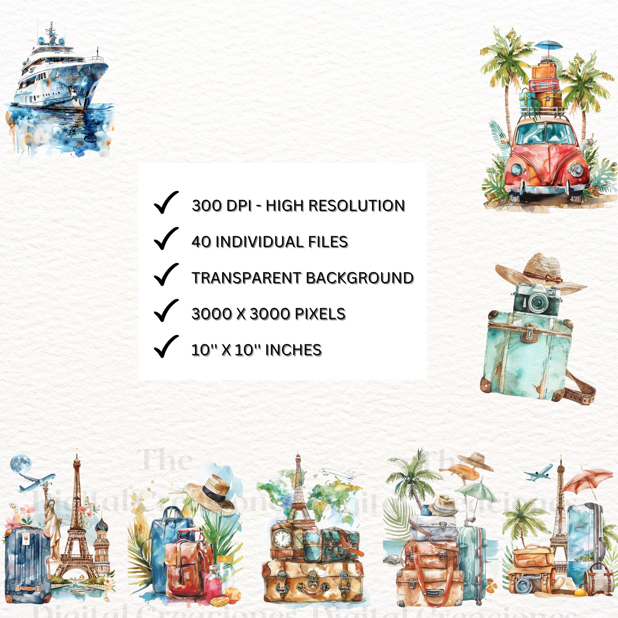 40 Watercolor Travel Clipart Vacation Holiday Graphicssuitcase Luggage ...