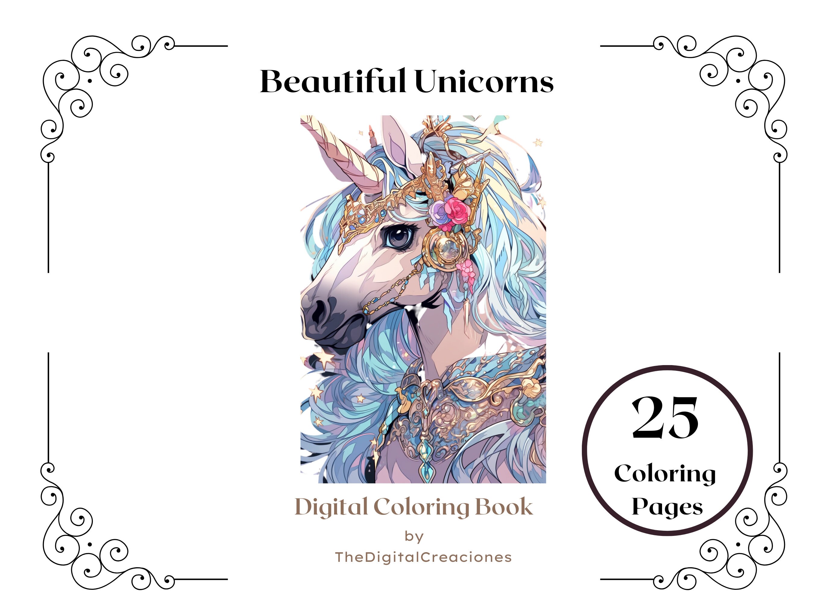 25 Beautiful Unicorns Fantasy Coloring Page Book| Adults + Kids ...