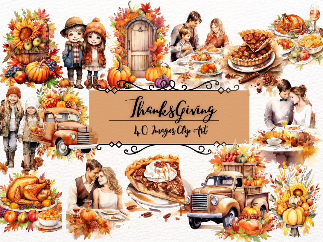 Thanksgiving Watercolor Clipart Bundle 40 PNG Grateful Festive Images ...