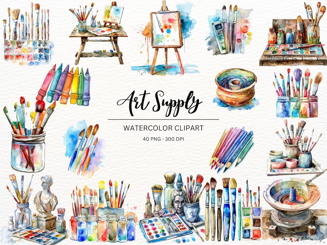 Art Supplies Watercolor Clipart Bundle|40 PNG Artist Supplies Images ...