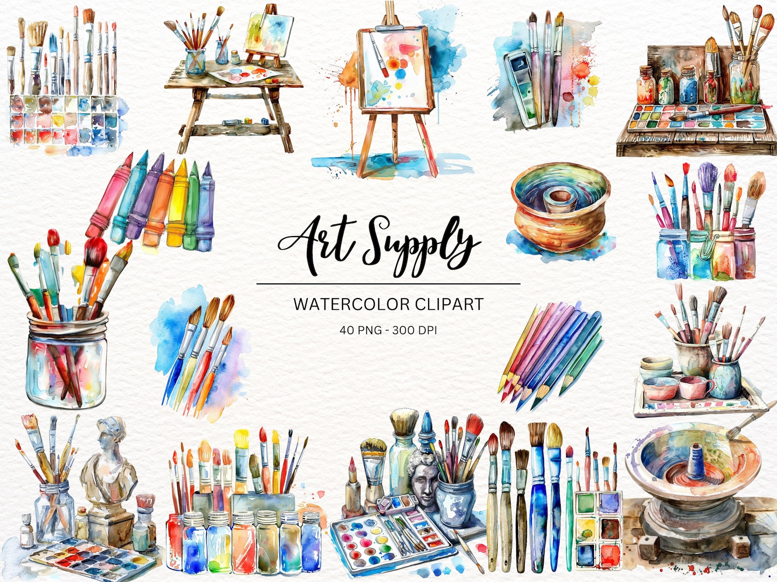 Art Supplies Watercolor Clipart Bundle40 PNG Artist Supplies ...