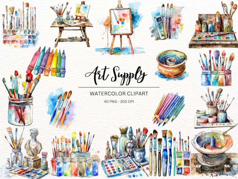 Watercolor Art Supplies Clipart | Painter Graphics (digital Download ...
